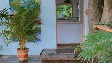 Placa de madeira para um hostel com um mural tropical, uma planta em vaso e um tronco de árvore.