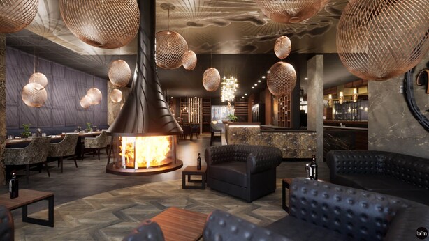 Espaço lounge moderno com lareira central, assentos confortáveis e iluminação decorativa.