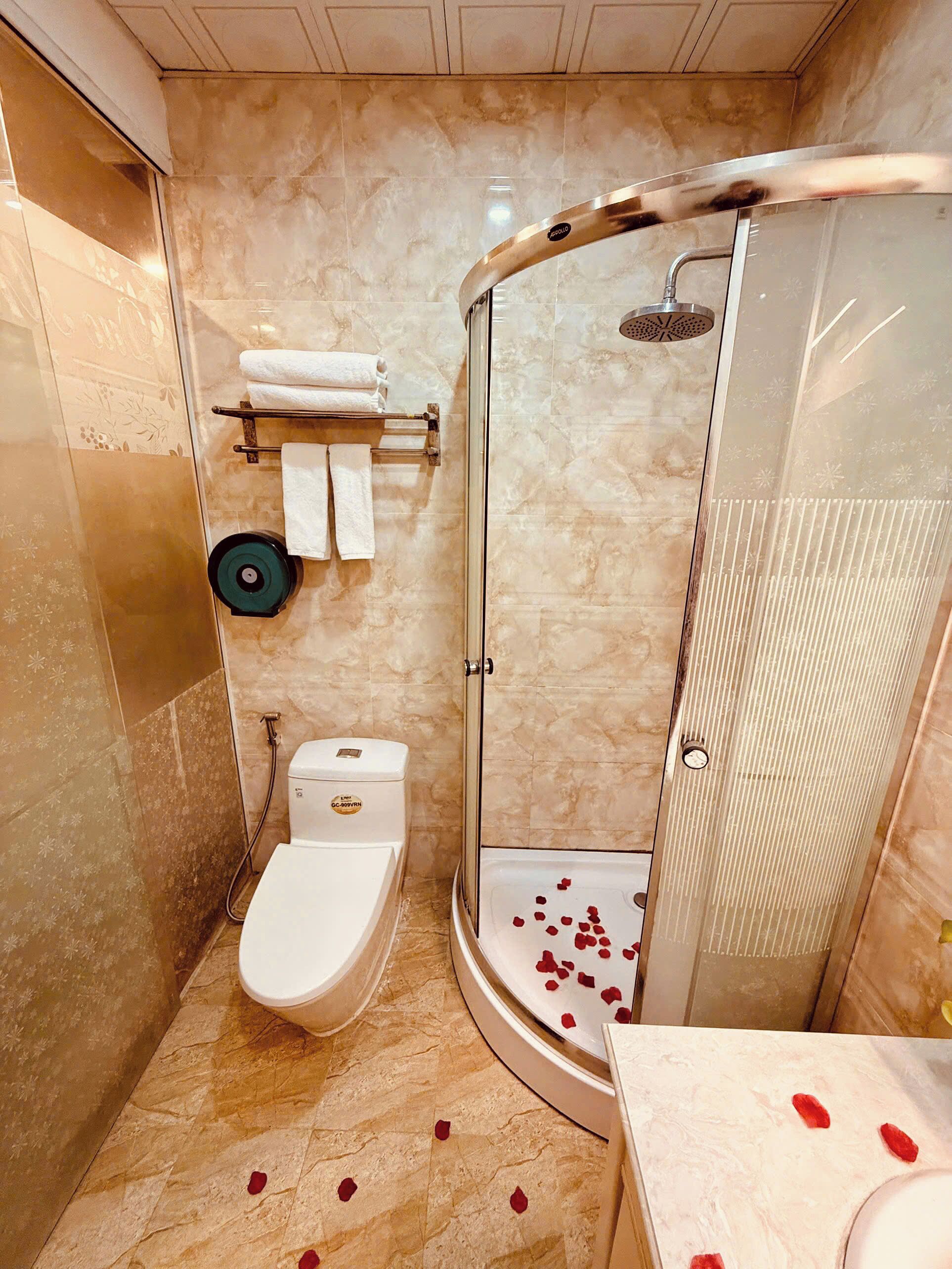 Uma casa de banho moderna com chuveiro de vidro, sanita e porta-toalhas.