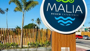 Um sinal para 'MALIA BEACH EXPERIENCE' com um logotipo com uma onda estilizada e palmeira.