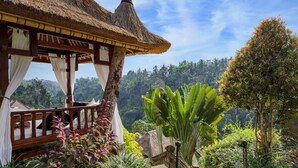 Um pavilhão com telhado de palha, um banco de madeira e vista para vegetação exuberante e árvores.