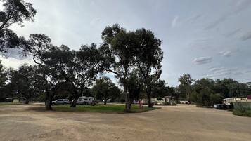 Um camping com veículos recreativos, árvores e uma estrada de terra.