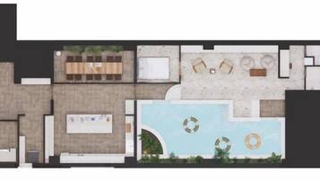 Planta baixa de um hotel com piscina, área de estar e cozinha compacta.