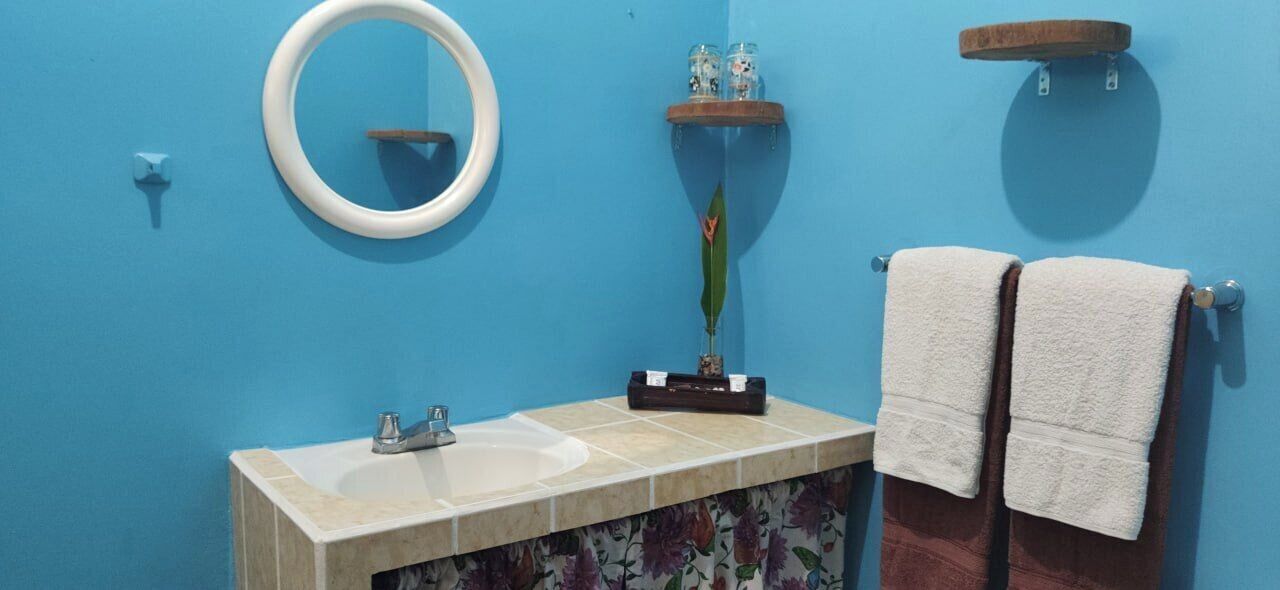 Casa de banho com parede azul, pia branca, espelho e duas toalhas.