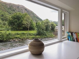 Quarto com uma grande janela com vista para um rio e vegetação, um vaso no parapeito da janela e uma estante com livros.