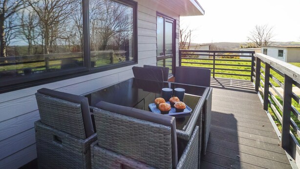 Varanda com mobiliário de vime e uma mesa, um tabuleiro com muffins, e vista para um campo verde e árvores.