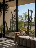 Decoração moderna com uma grande janela que dá para um jardim no deserto, com cactos e outras plantas.
