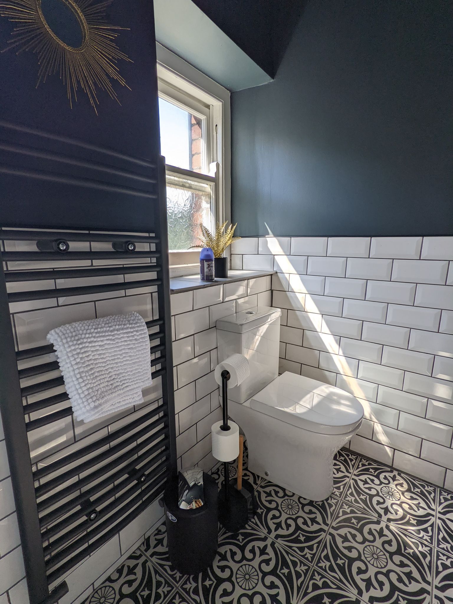 Casa de banho com porta-toalhas preto, sanita e janela com planta.