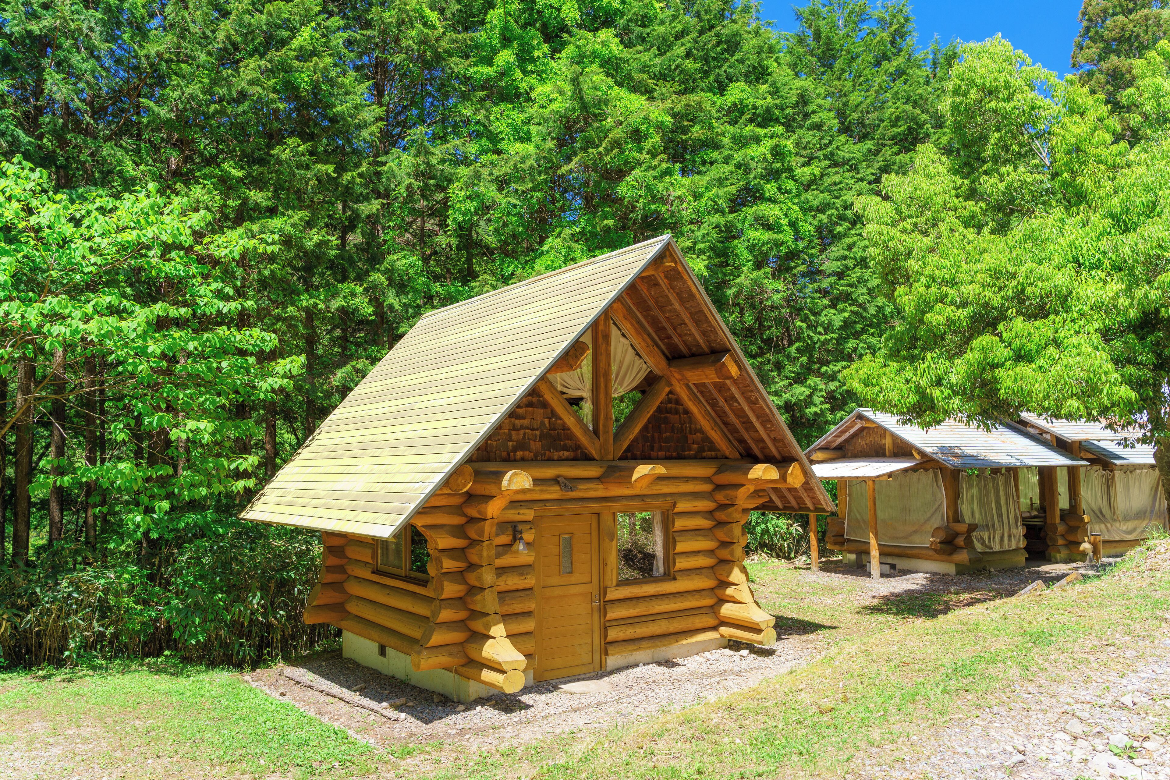Uma cabana de toras com telhado inclinado, porta da frente e uma pequena janela.