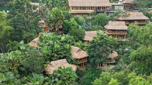 Resort com vários edifícios de telhado de palha, cercado por vegetação tropical densa.
