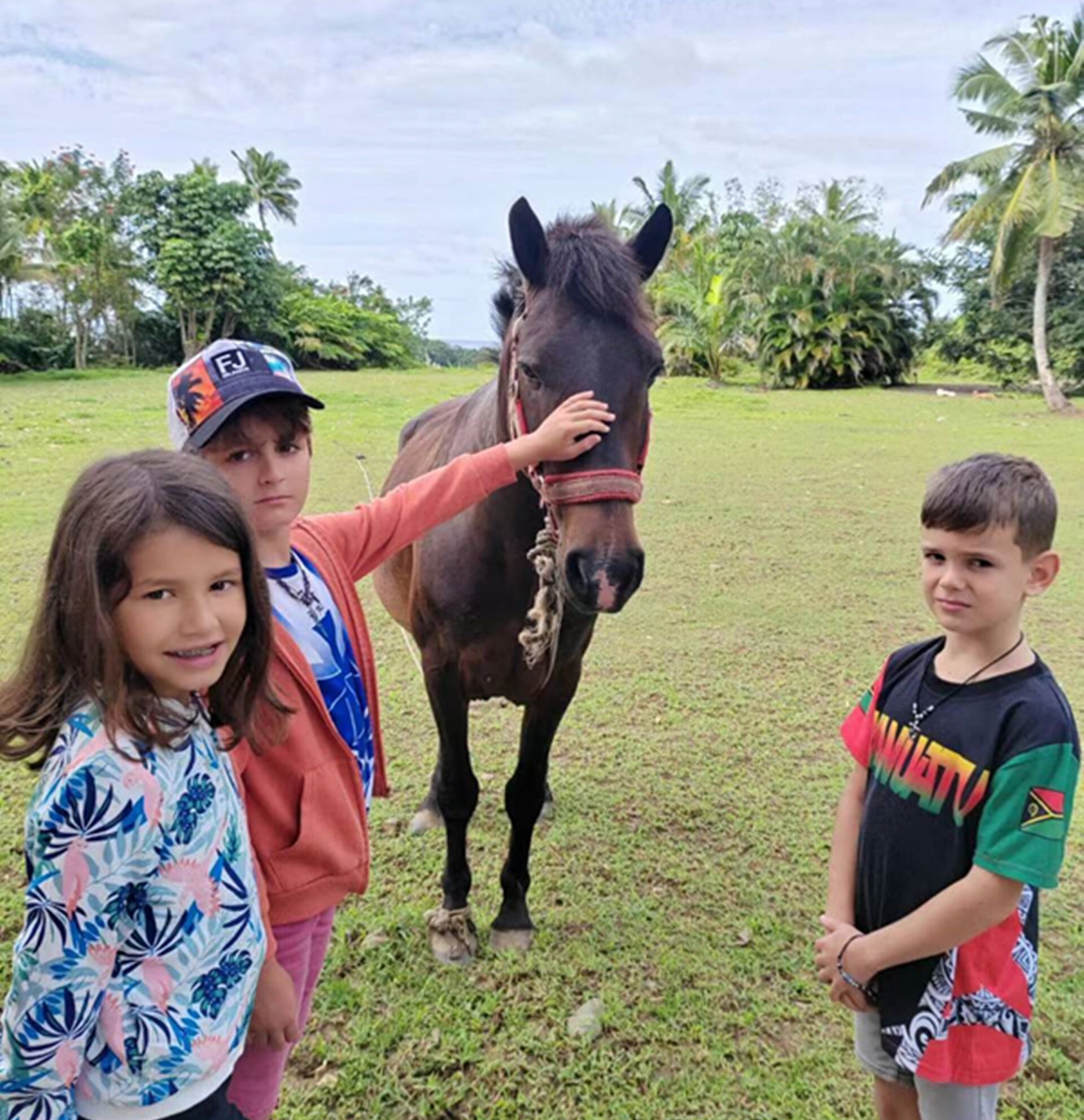 Um grupo de pessoas em uma área gramada, com um cavalo.