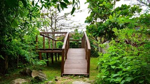 Uma ponte de madeira num jardim exuberante, com folhagem densa e pedras.