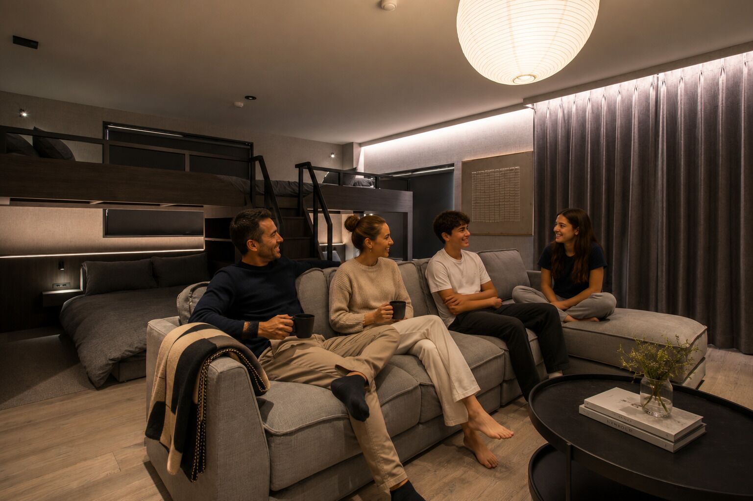 Uma sala de estar moderna com um sofá, uma mesa de centro e uma escada.
