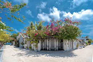 Um edifício à beira-mar com área de estar coberta ao ar livre, rodeado por vegetação exuberante e flores de buganvília rosa.
