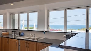 Cozinha moderna com grandes janelas, pia e armários de madeira.