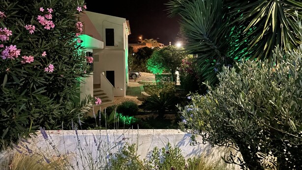 Um edifício de dois andares com uma escadaria que dá acesso ao andar superior, cercado por diversas plantas e árvores.