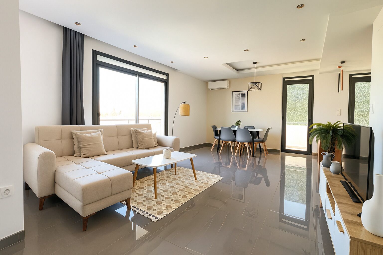 Uma sala de estar moderna com sofá, mesa de centro e área de jantar.