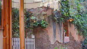 Um muro de pedra rústico com vegetação, uma cerca de madeira e uma pequena escadaria.
