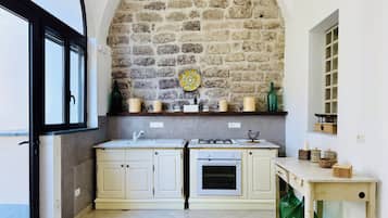 Vila, vista para o jardim | Cozinha privada | Micro-ondas, fogão, cooktop, máquina de café expresso