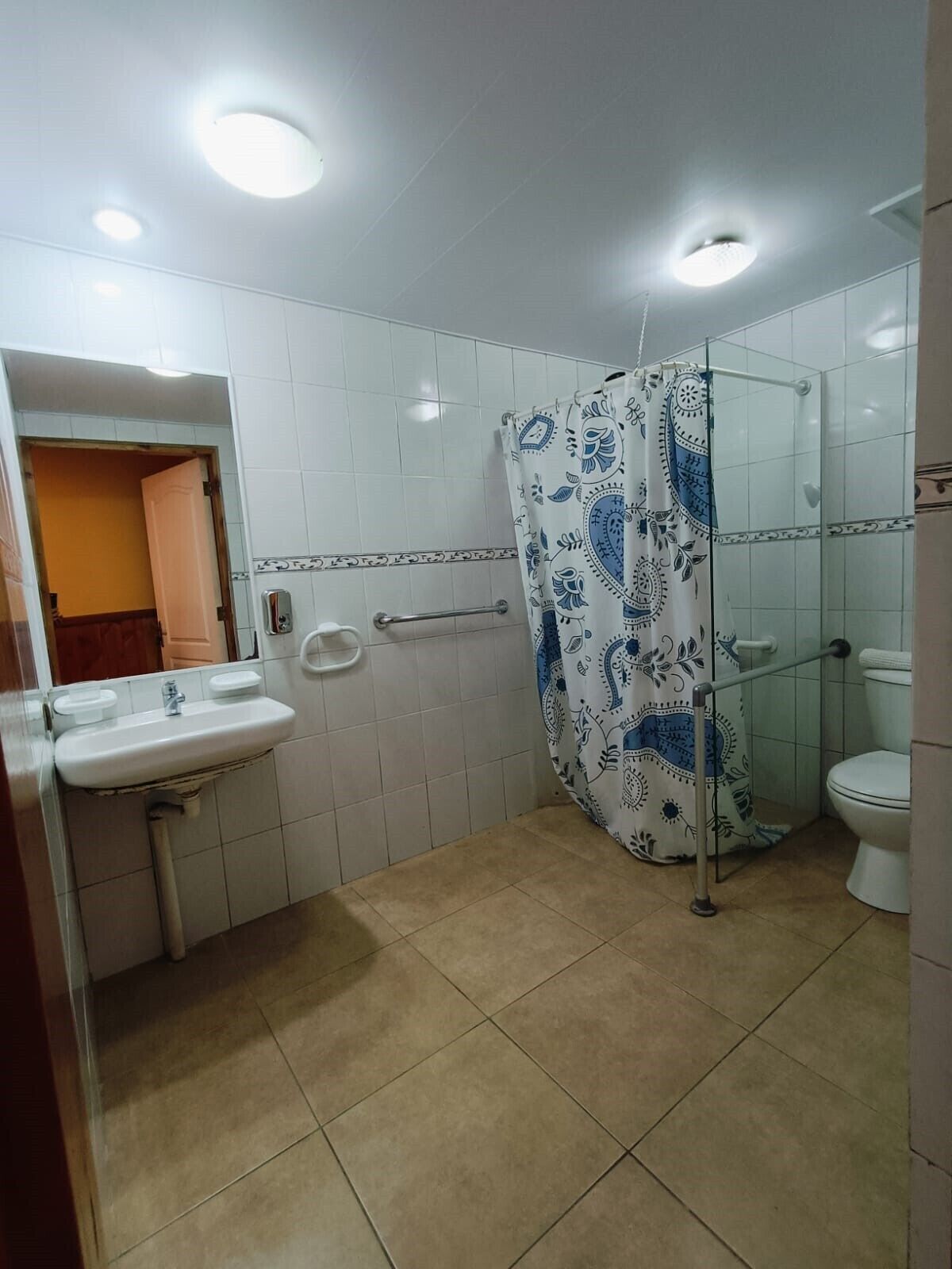 Uma casa de banho com chuveiro, sanita, lavatório e espelho.