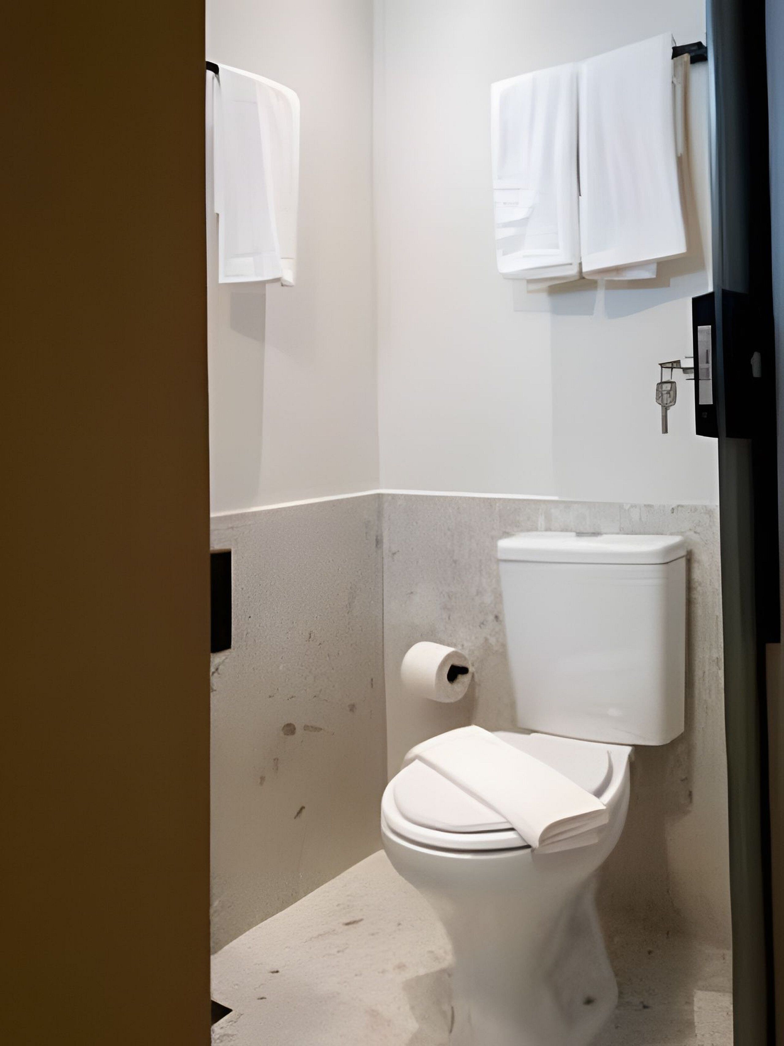 Uma casa de banho pequena e limpa, com sanita, um rolo de papel higiénico e duas toalhas brancas penduradas na parede.