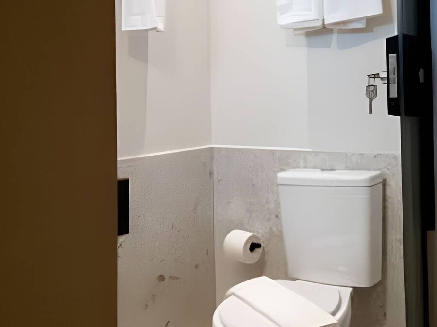 Uma casa de banho pequena e limpa, com sanita, um rolo de papel higiénico e duas toalhas brancas penduradas na parede.