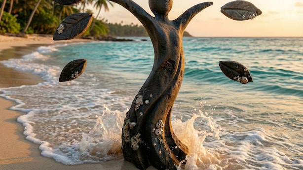 Escultura de uma figura humana com braços levantados, cercada por folhas, em uma praia com palmeiras e oceano ao fundo.