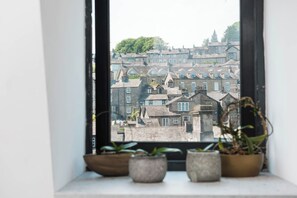 Vista pela janela, com três vasos de plantas em um parapeito.