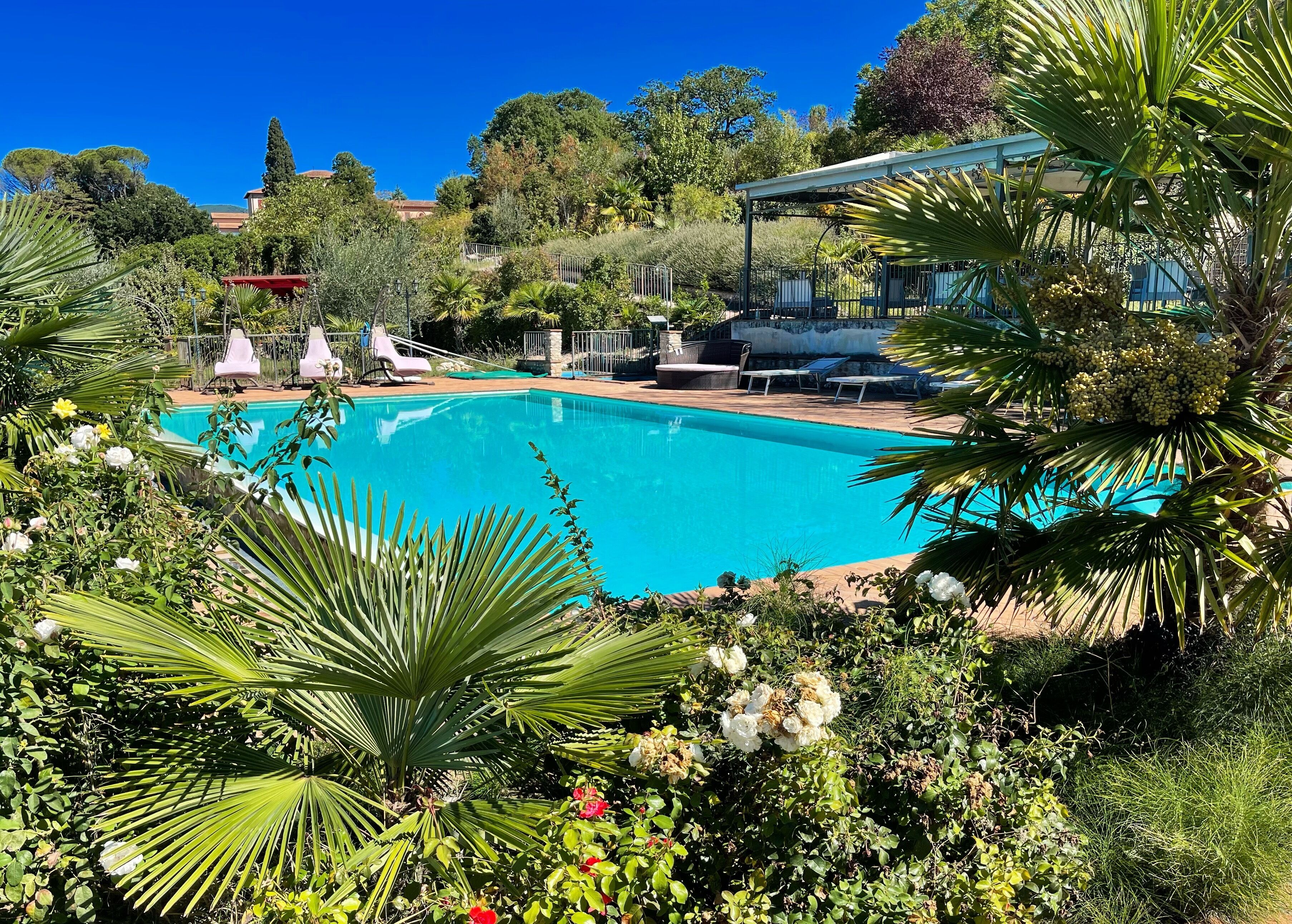 Piscina rodeada por vegetação exuberante e área de estar coberta.