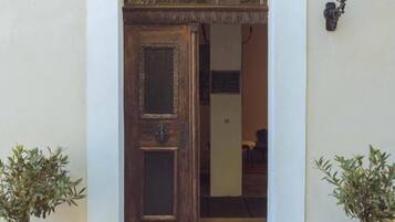 Uma porta de madeira com detalhe decorativo na parte superior, emoldurada por dois vasos de plantas, dando acesso a um espaço interno.
