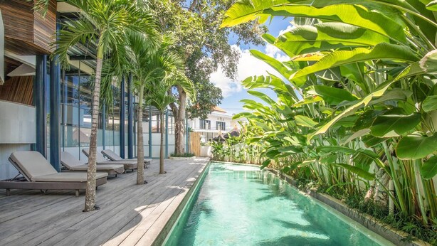 Piscina com espreguiçadeiras e plantas tropicais.