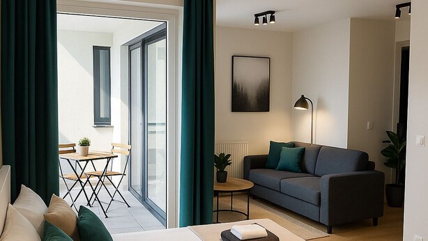 Quarto de hotel moderno com uma cama grande, um sofá, uma mesa pequena e vista para o exterior.