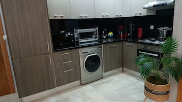Um frigorífico/congelador grande, um micro-ondas, um forno