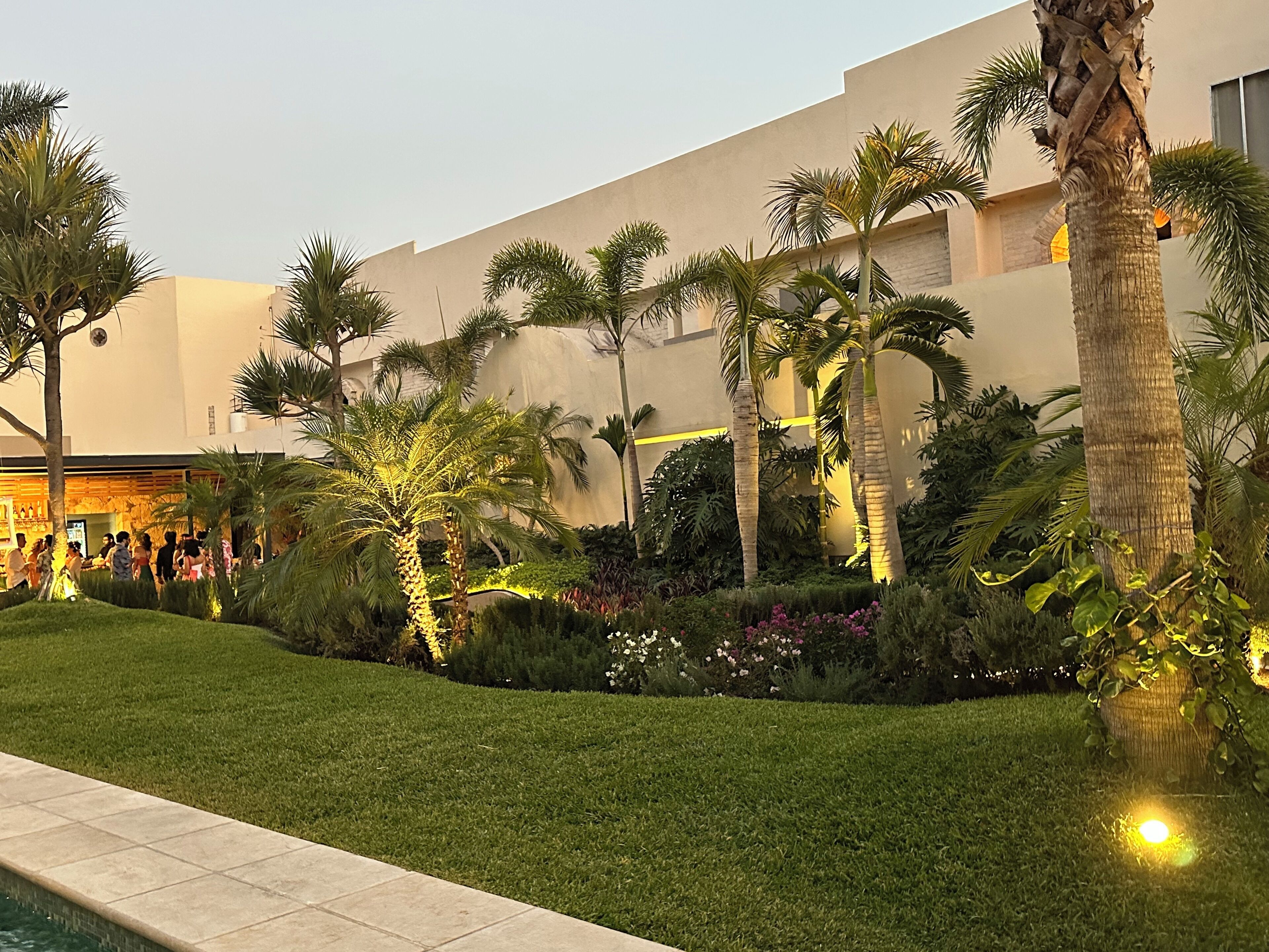 Área externa bem cuidada com piscina, palmeiras e um edifício de design moderno.