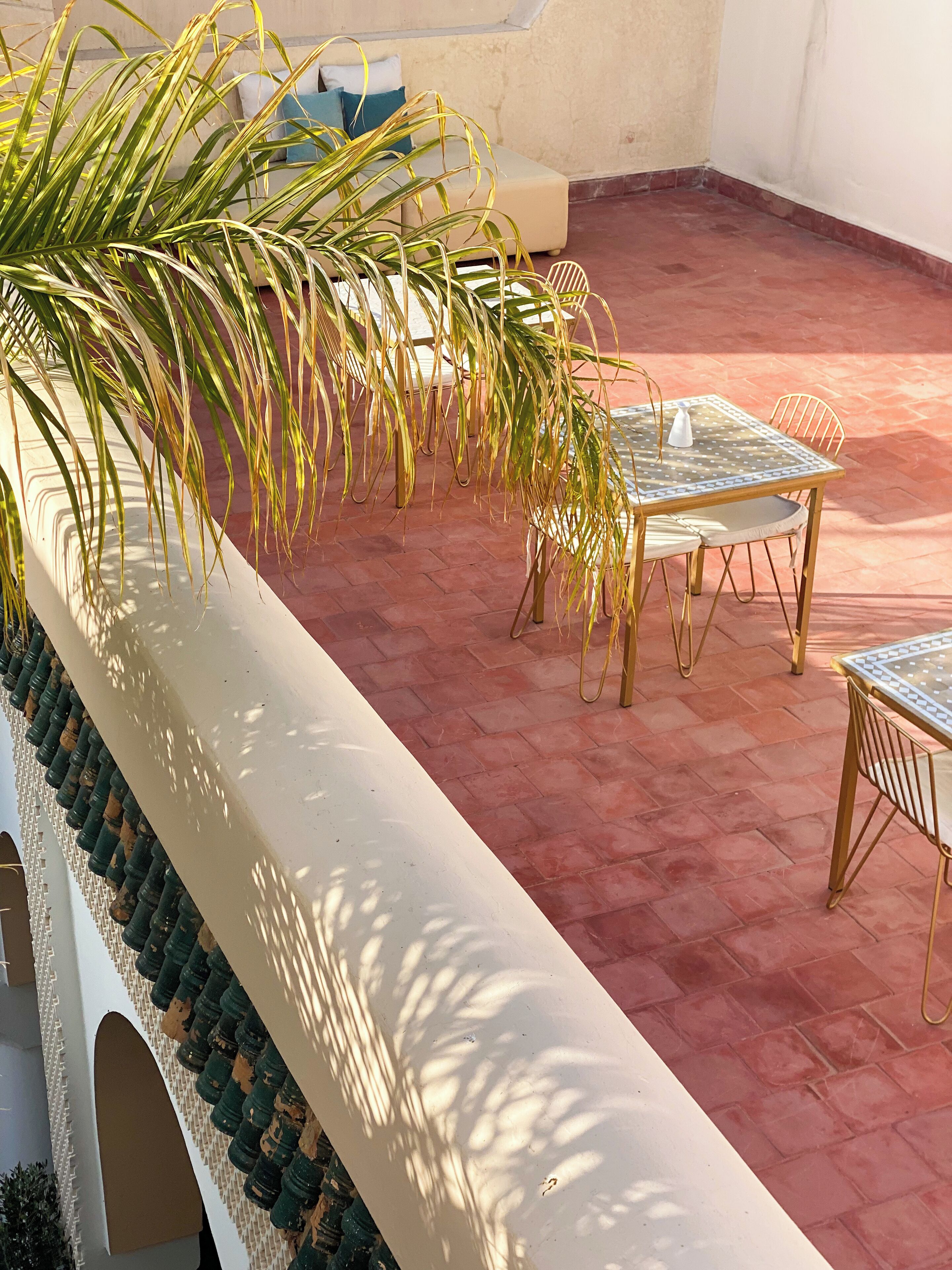 Uma área de pátio com mesa e cadeiras, um vaso de planta e piso de azulejos.