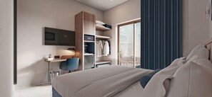 Quarto, 1 cama king-size | Cofre no quarto, secretária adequada para computadores portáteis 