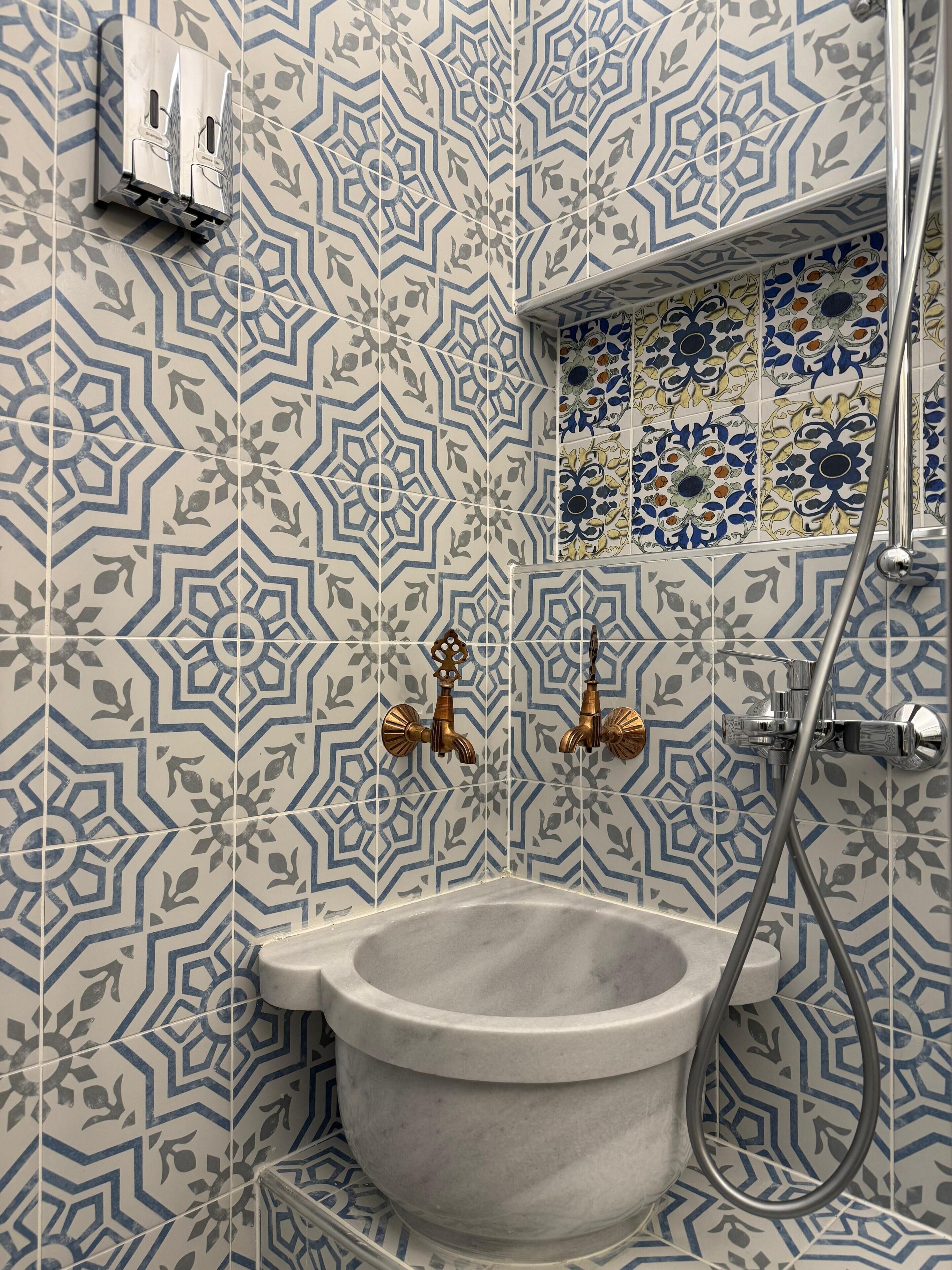 Um banheiro com banheira de imersão, chuveiro e vaso sanitário.