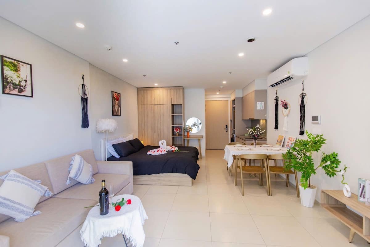 Apartamento básico | 1 quarto, roupas de cama premium, camas com colchões pillow-top