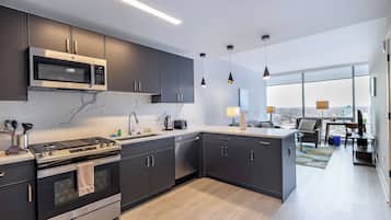 Apartamento, aceita animais de estimação | Cozinha privada | Geladeira grande, micro-ondas, fogão, cooktop