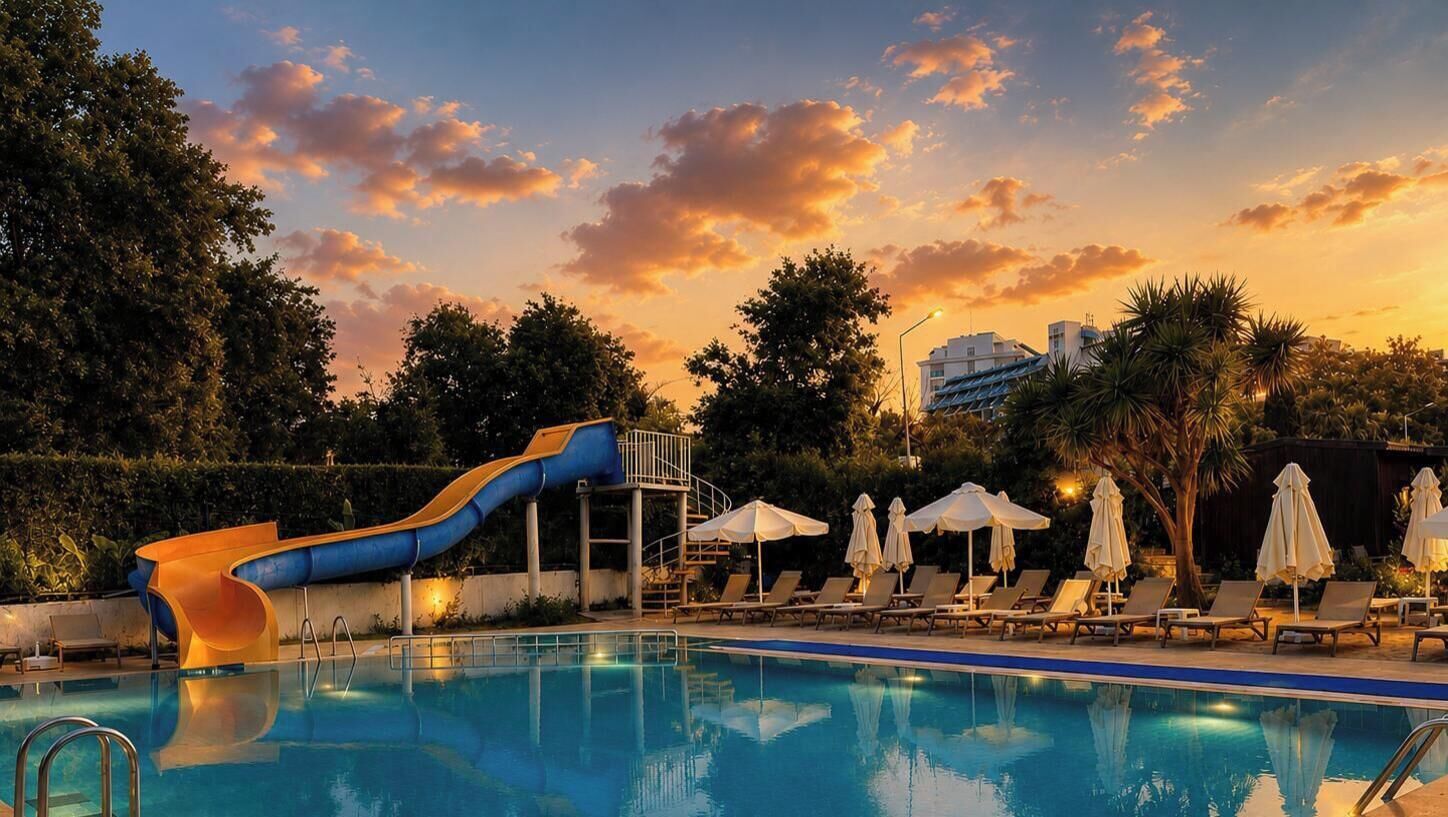 Piscina com escorregador, cadeiras de descanso, guarda-sóis e céu ao pôr do sol.