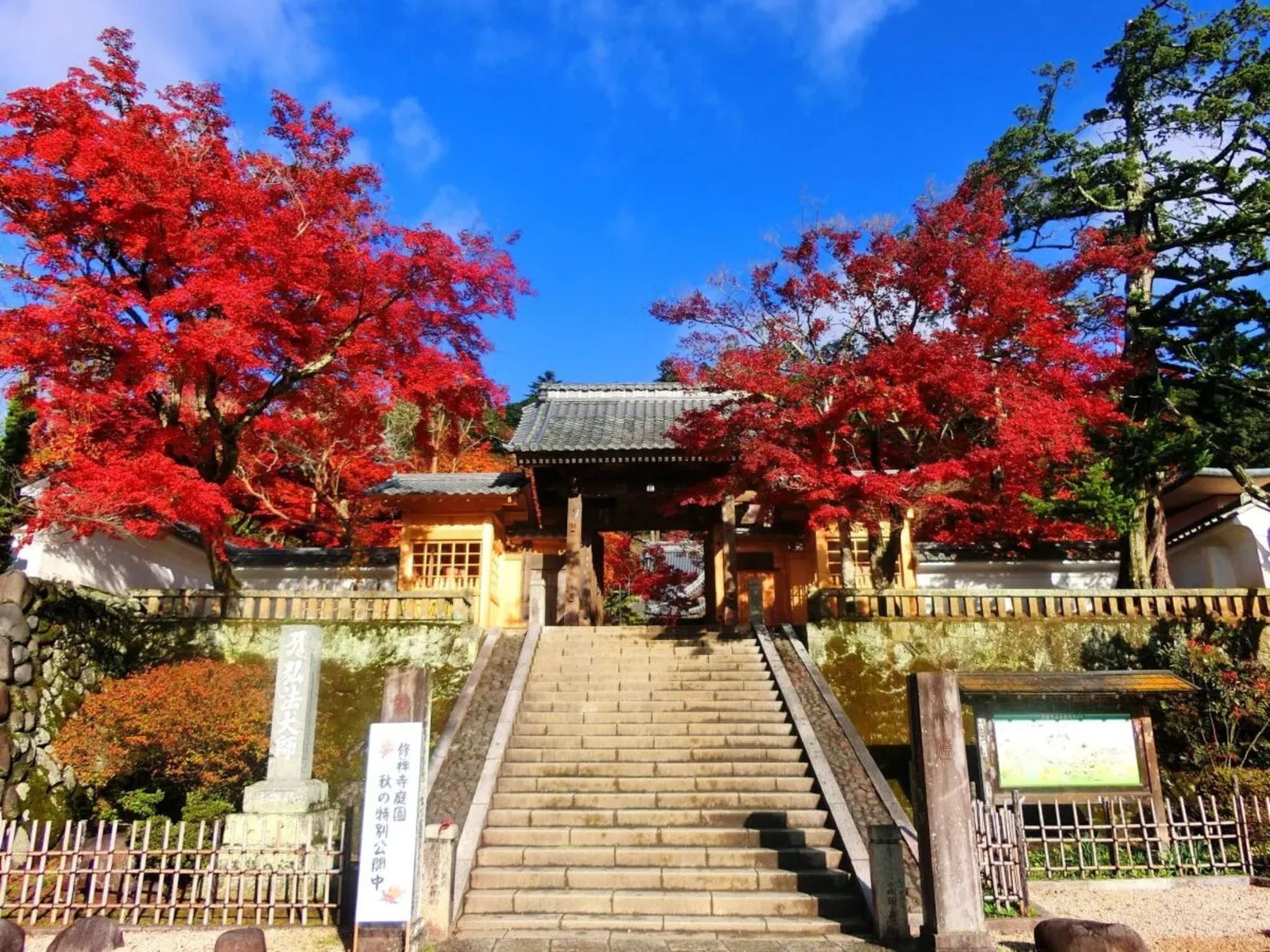Entrada de um templo japonês tradicional, com uma escadaria de pedra que leva a um portão de madeira.