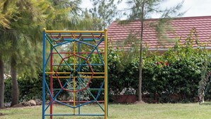 Uma estrutura de parquinho com um elemento de escalada circular e uma seção em rede.
