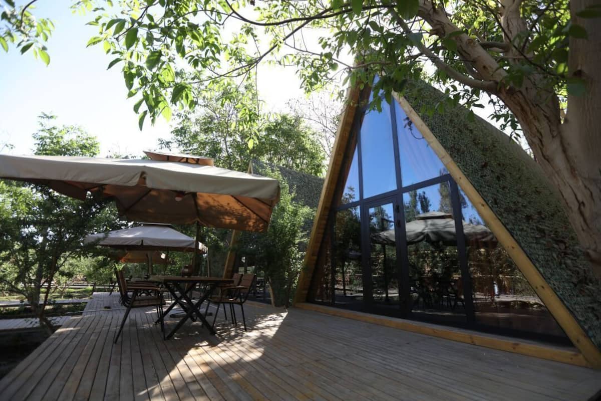 Um deck de madeira com móveis de exterior, uma grande janela de vidro e uma árvore com plantas trepadeiras.