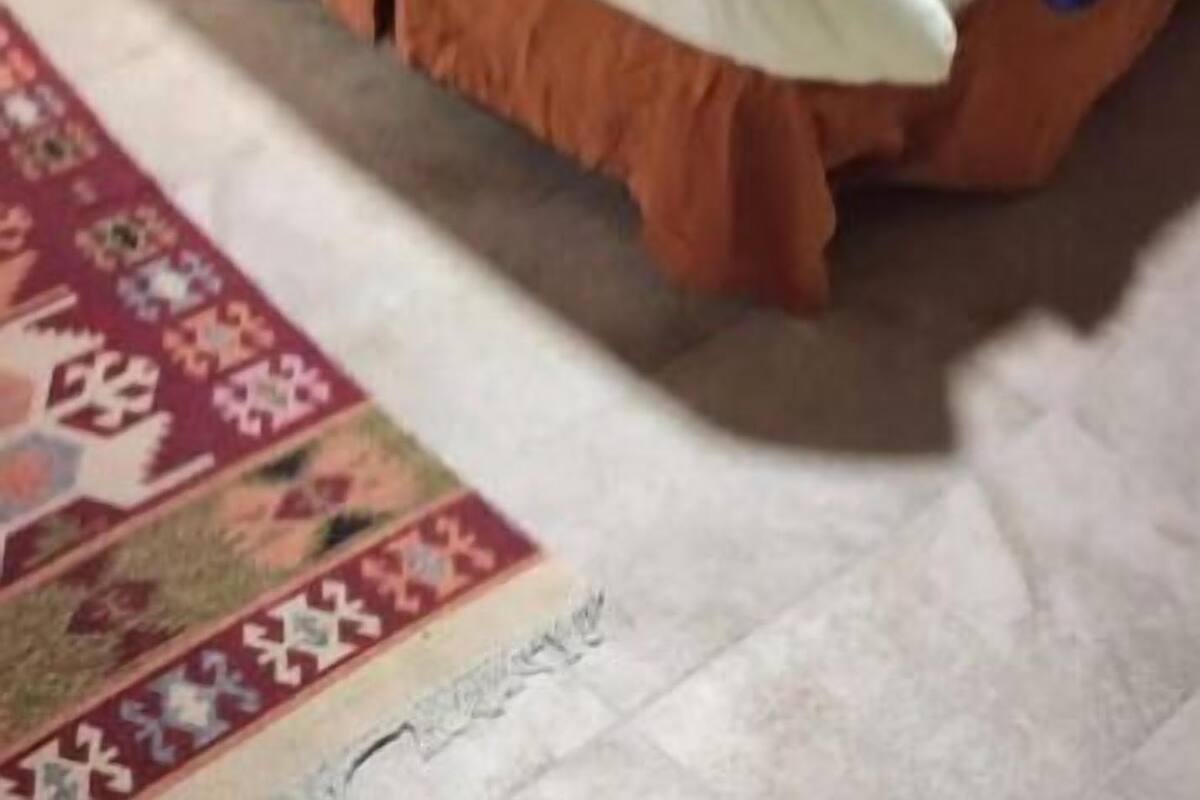 Quarto com cama, guarda-roupa e tapete estampado.