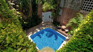 Uma piscina pequena e quadrada, cercada por vegetação exuberante e um muro de tijolos.