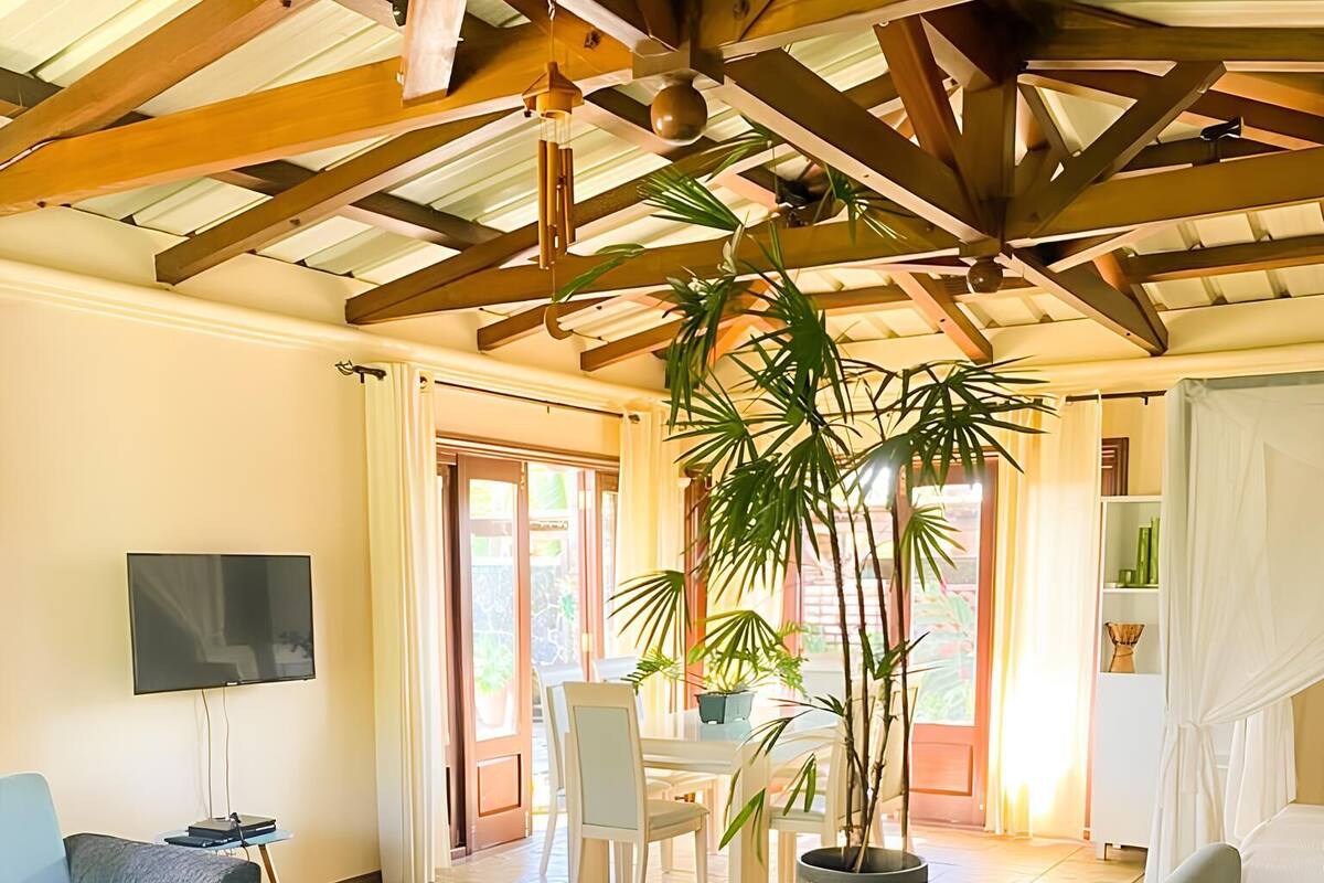 Uma sala de estar ampla, com pé direito alto, televisão na parede, sofá, mesa de centro e um vaso com planta.