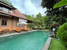 Piscina com deck ladrilhado, rodeada por vegetação exuberante e uma casa com telhado em telhas.