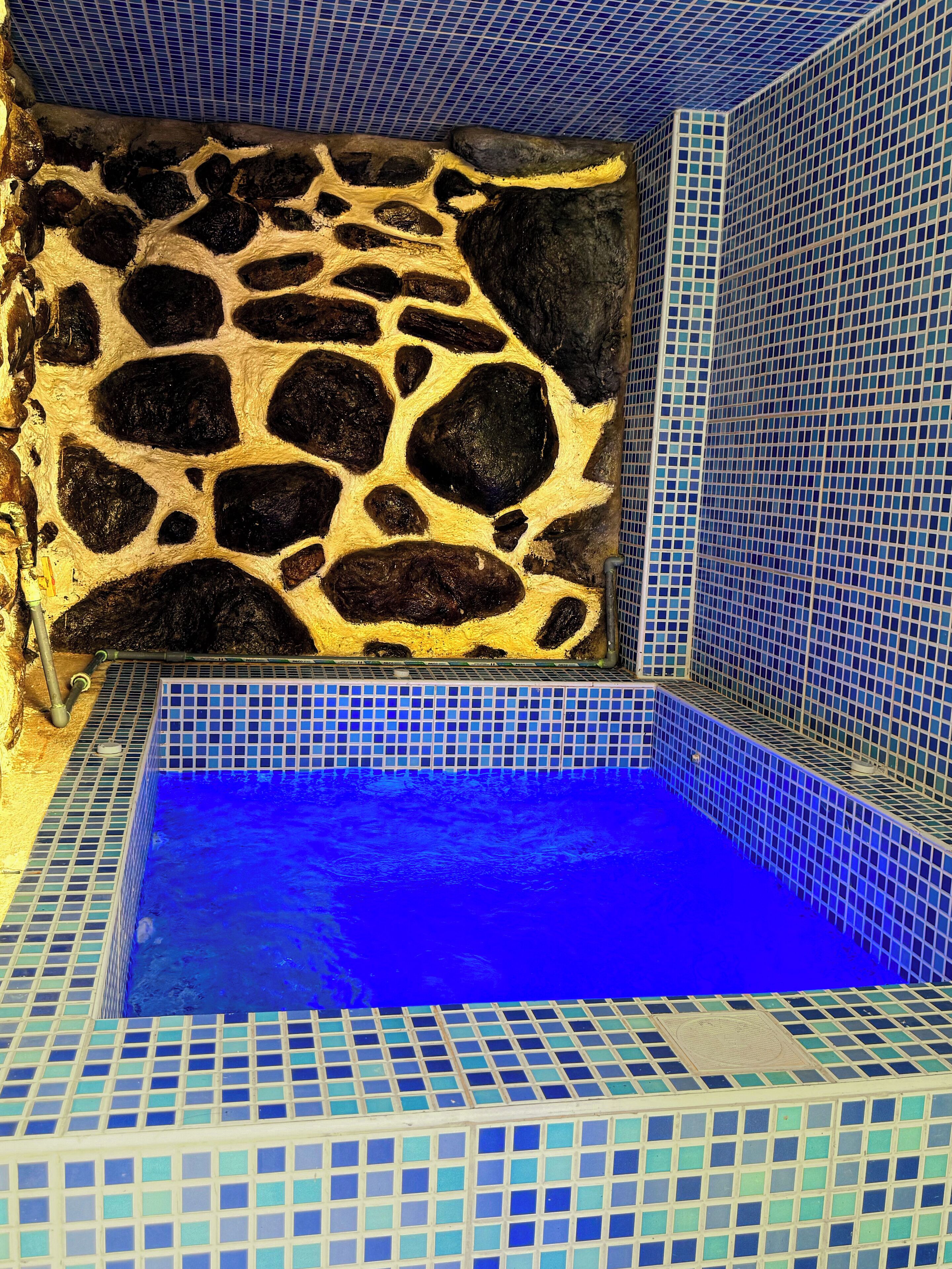 Piscina com paredes de mosaico e uma parede com textura semelhante à pedra.