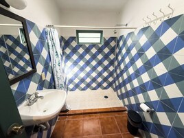Casa de banho com lavatório, sanita e chuveiro, e um espelho.
