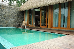 Piscina com deck de madeira, parede de pedra e estrutura coberta de palha com portas de vidro.